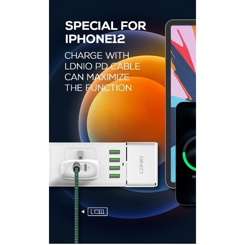 LDNIO 20W Two Ports Fast Charger For iPhone 12 + 1 m Type-C To Lightning Cable - White