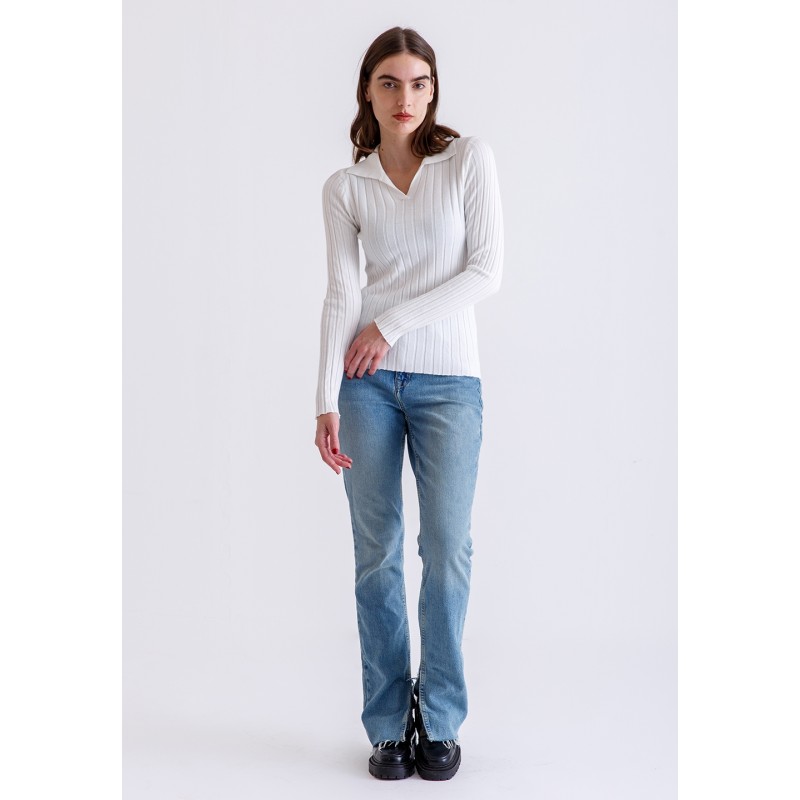 White Ribbed Collar Top