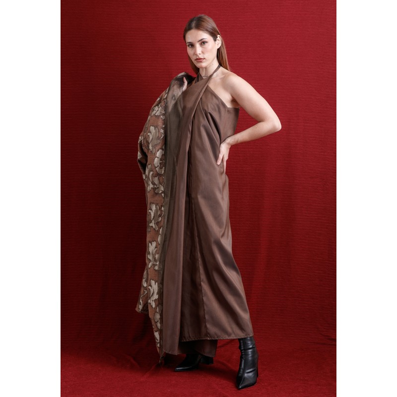 Brown Cross Neck Dress with Bisht Set